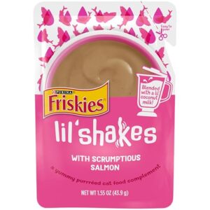 purina friskies pureed cat food topper, lil’ shakes with scrumptious salmon lickable cat treats - (pack of 16) 1.55 oz. pouches