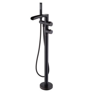 qinkell thermostatic freestanding tub filler floor mount waterfall bathtub faucet oil-rubbed bronze bathroom taps with handheld shower