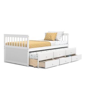 komfott wood twin trundle bed with storage drawers, daybed with trundle, no box spring needed daybed frame, twin size captain’s bed