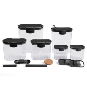 progressive prokeeper baker's airtight kitchen storage canister container set for flour, sugar & more, keeps ingredients fresh, with accessories (black, 6- piece)