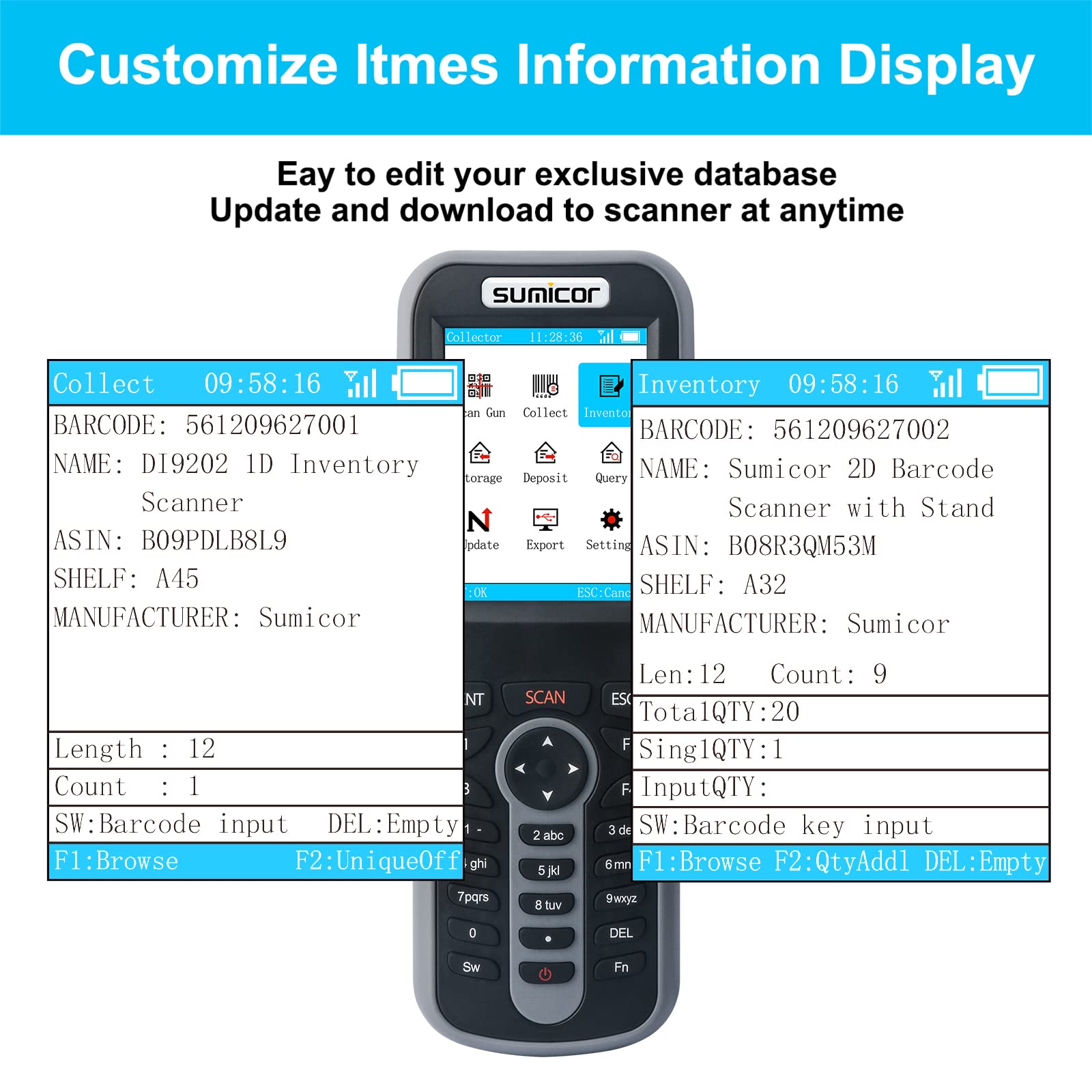 Sumicor Barcode Scanner 1D & 2D QR Code PDF417 Reader, Wireless 2.4 Ghz Handheld Cordless Rechargeable Inventory Barcode Scanner with 2.8'' HD Screen and Keybord for Stocktaking (2D)