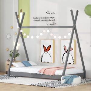 bellemave twin house beds wood toddler house bed frame montessori style teepee bed for kids boys girls teens, gray