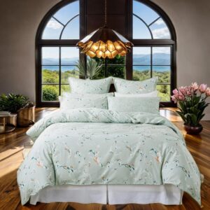 fadfay twin xl duvet cover, 100% cotton teal/light green reversible comforter cover college dorm room bedding sets - ultra soft pattern printed leaf bedding, 3pcs, twin extra long