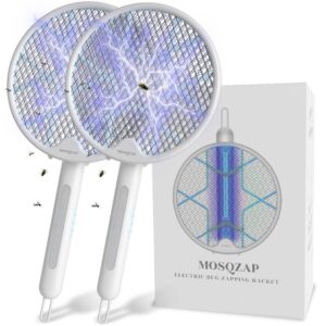 mosqzap electric fly swatter 2 pack, foldable bug zapper racket usb rechargeable fly zapper mosquito zapper racket w/hands-free & handhold modes, outdoor/indoor killer for flies, 3,500 volt