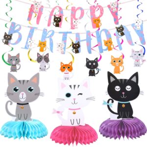 chinco 16 pcs cat theme birthday party decorations party supplies kit, includes cat party banner with 6 cat hanging cutouts 6 hanging swirl decor and 3 birthday honeycomb party decoration(cool style)