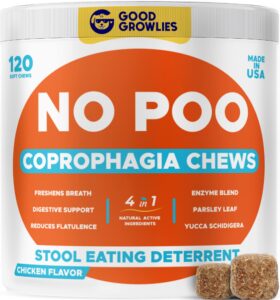 chew no poo - coprophagia treatment for dogs - prevent dog poop eating - natural stool eating deterrent + breath aid - probiotics & digestive enzymes - boosts gut health - made in usa - 120 soft chews