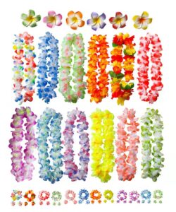 50 pcs soft hawaiian leis luau party decorations tropical favors lei flower hair clip,headbands and wristbands perfect for your hawaii luaus party.