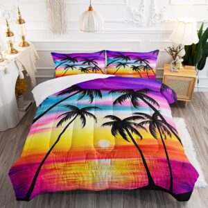 tropical sunset palm tree comforter set for kids and adults, queen size sea ocean sunset quilt bedspreads with 2 silhouette sunset pillowcases - 90" x 90" (queen, yellow)