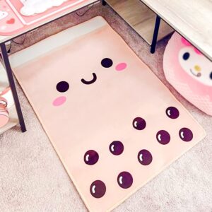 glopastel boba anime rug | rectangular kids girls women home bedroom area carpet | machine washable cute bubble tea japanese cartoon room decor (beige, 28"x42")