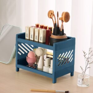 Bathroom Counter Organizer 2 Tier Kitchen Countertop Organizer Spice Rack Storage Shelf,Plastic Tabletop Perfume Cosmetic Holder Vanity Tray for Bedroom,Dressing Table,Office Supplies (Blue)