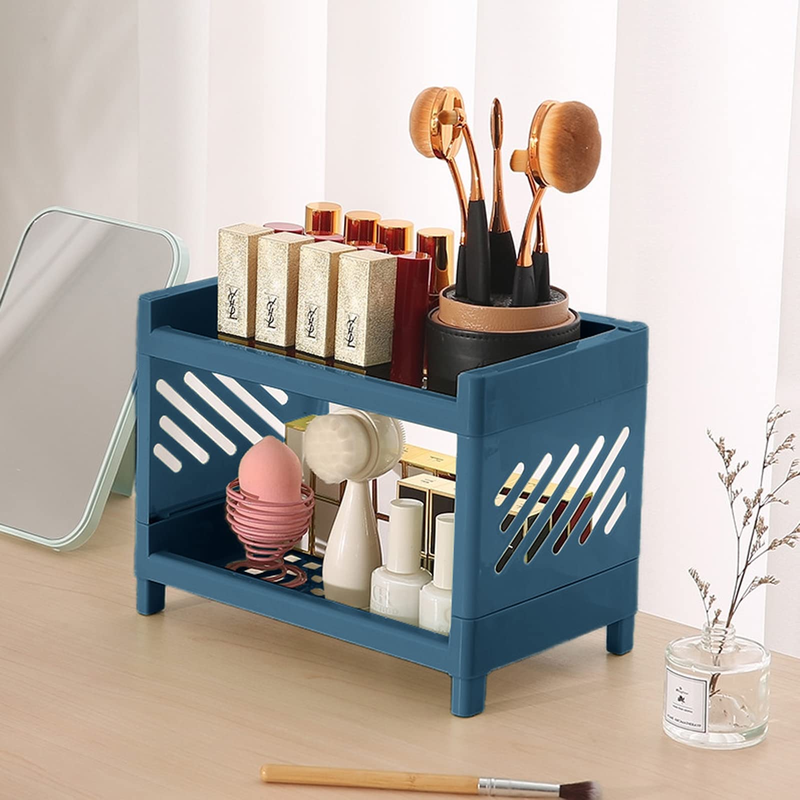 Bathroom Counter Organizer 2 Tier Kitchen Countertop Organizer Spice Rack Storage Shelf,Plastic Tabletop Perfume Cosmetic Holder Vanity Tray for Bedroom,Dressing Table,Office Supplies (Blue)