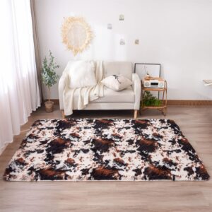 meeting story cow print rug faux cowhide rugs cute animal print carpet fluffy shaggy tie dye fuzzy area rugs for living room nursery kids floor mat thick plush non-skid (coffee-black, 3 * 5 feet)