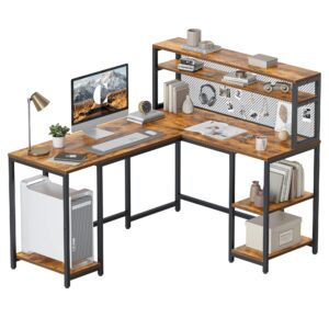 cubicubi l shaped computer desk with hutch & iron mesh, 59 inch large home office desk with storage shelves, study table writing desk workstation, brown