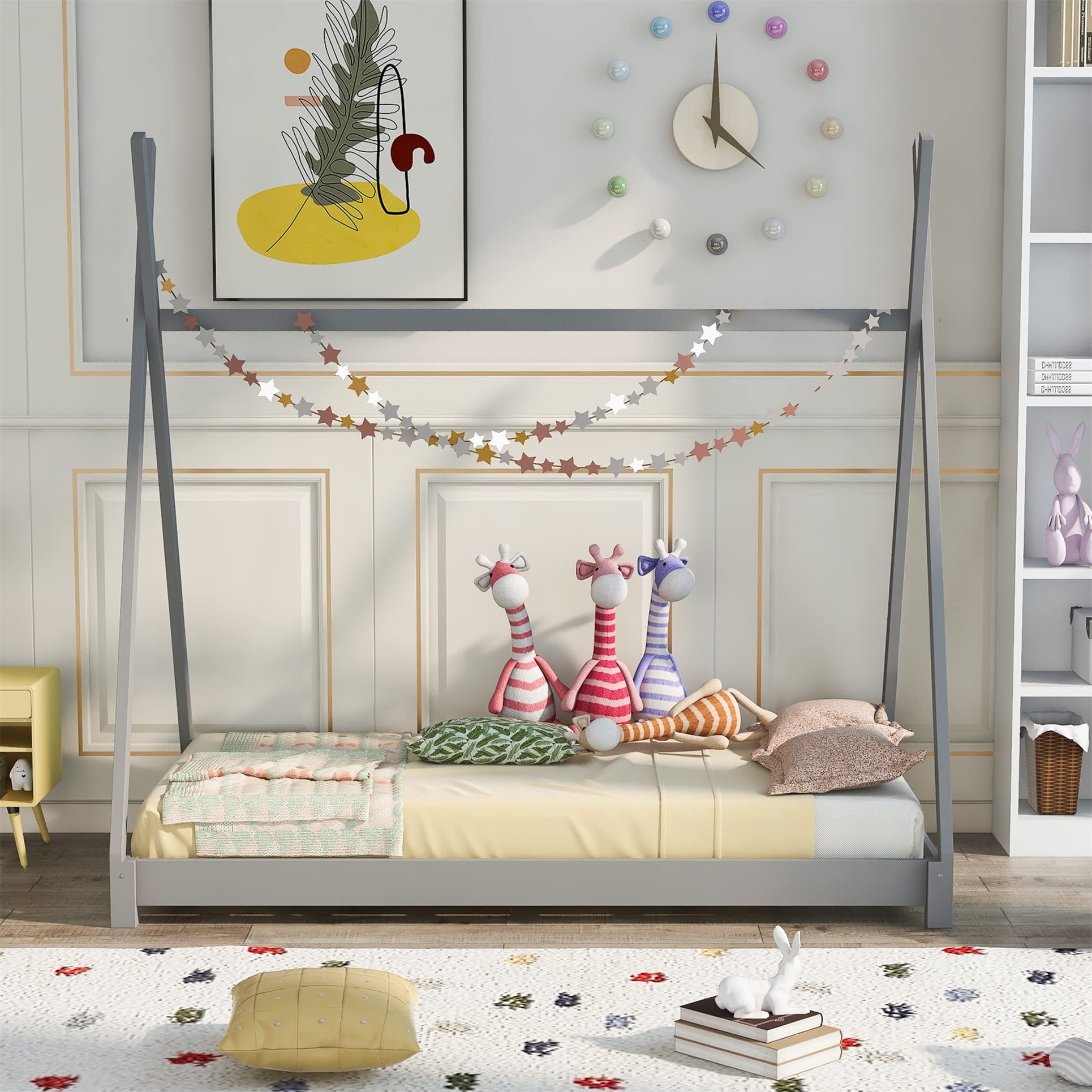 Harper & Bright Designs House Twin Bed for Kids, Twin Size Platform Bed with Triangle Structure and Slat Support, Wood Kids Twin Bed Frame, No Box Spring Needed (Grey, Classic Version)