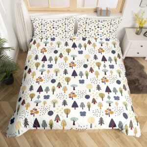 woodland nature duvet cover twin,cartoon trees print comforter cover for kids boys girls cabin farmhorse bedroom decor landscape bedding set cute tree mushroom flower bedspread cover zipper closure