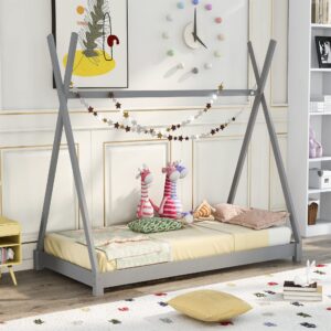 harper & bright designs house twin bed for kids, twin size platform bed with triangle structure and slat support, wood kids twin bed frame, no box spring needed (grey, classic version)