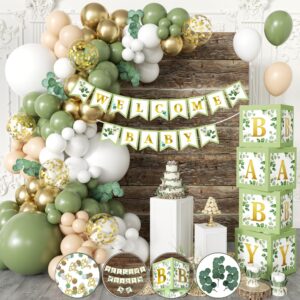 258 pc sage green baby shower decorations, gender neutral mint balloons garland and baby boxes, welcome baby banner, olive green baby shower decorations for boy and girl, woodland safari jungle