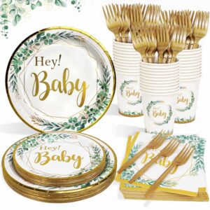 heboland sage green baby shower decorations neutral plates set for 25 guests, 125 pieces of paper plates cups napkins forks for baby shower theme party supplies