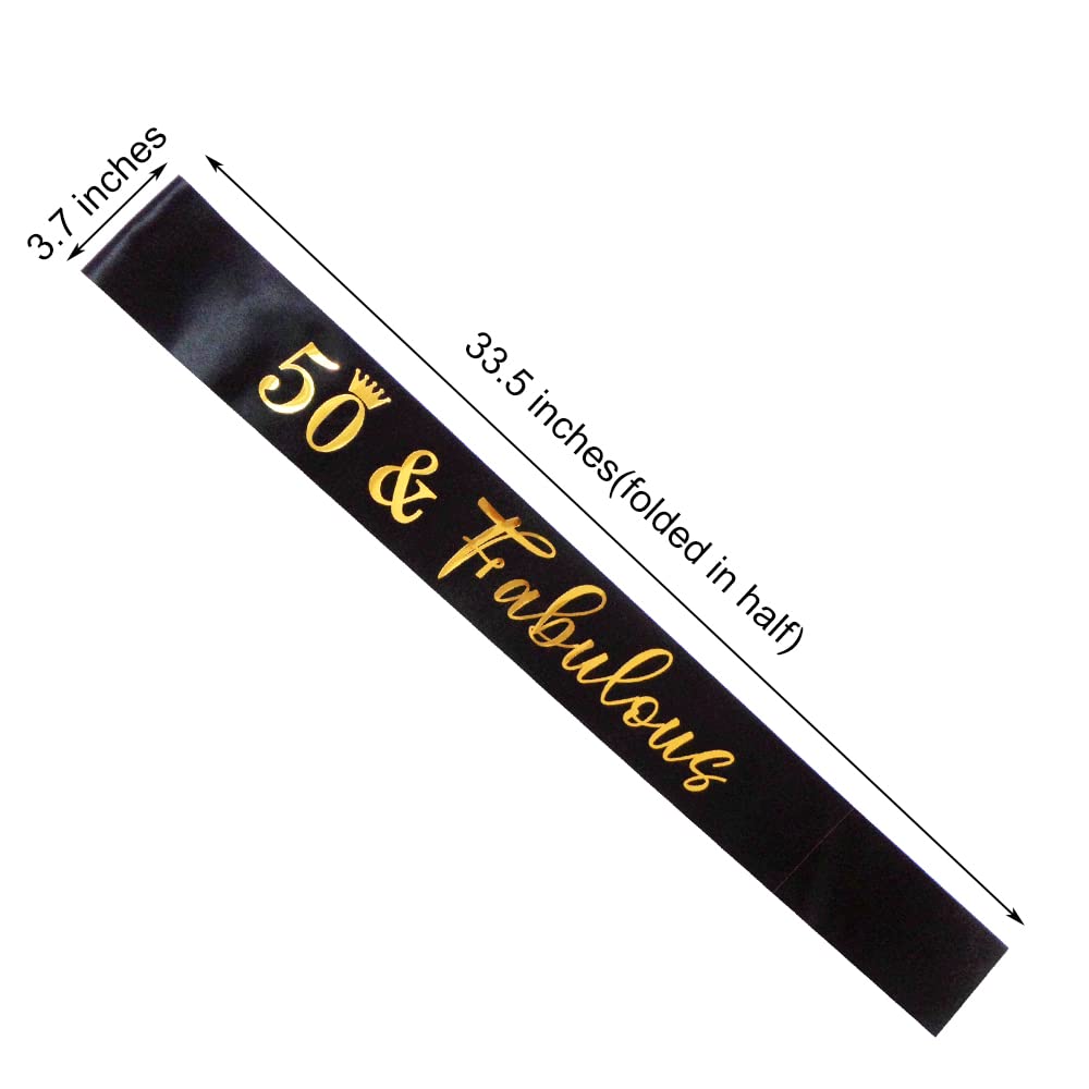 Docooniver 50th Birthday Sash for Women and Men,50&Fabulous Sash Black with Gold Foil Lettering.