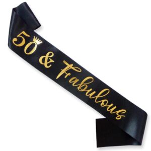 Docooniver 50th Birthday Sash for Women and Men,50&Fabulous Sash Black with Gold Foil Lettering.