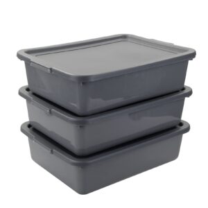 begale 3-pack gray commercial utility bus box, plastic bus tub with lids, 13 l