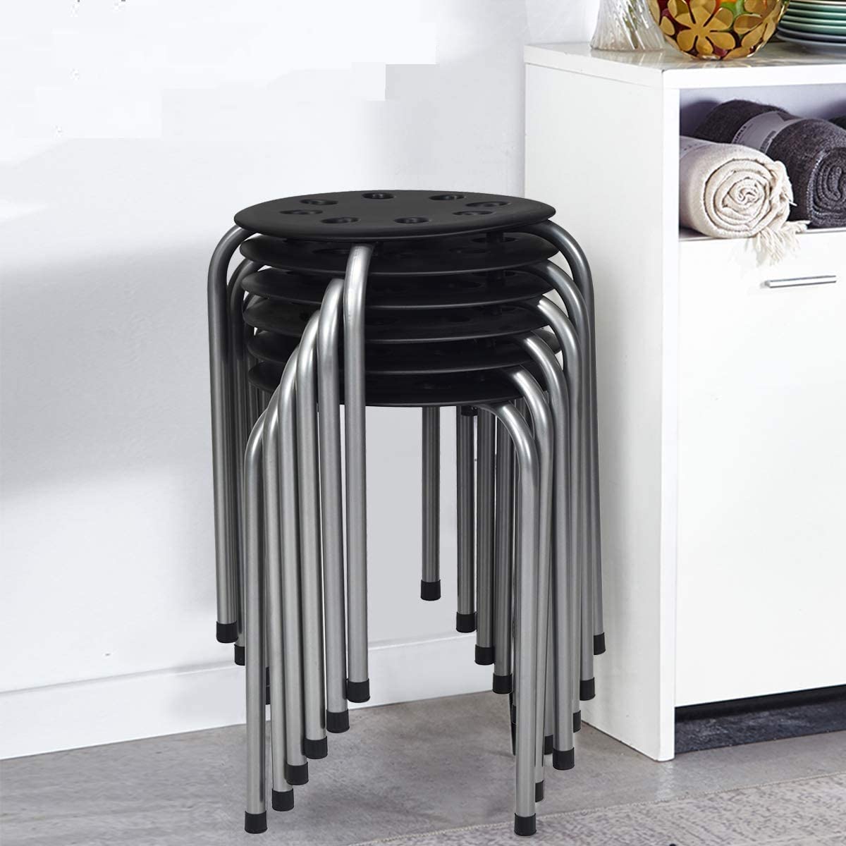 Hysache Plastic Stackable Stools Set of 6, 17.5inch Multipurpose Stool Chairs w/Metal Frame, X-Shape Connection, Non-Slip Feet, Backless Nesting Stool for Garden, Living Room, Home (Gray) HW64245