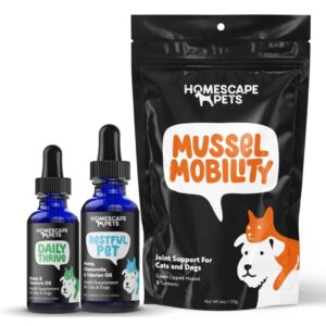 homescape pets 3-piece health bundle - daily thrive oil for immune health and energy + restful pet oil for anxiety & stress + mussel mobility powder for hip & joint health, arthritis