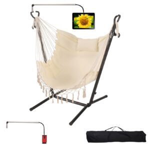 hammock with stand phone holder included double hanging chair macrame boho handmade adjustable swing indoor outdoor patio yard garden porch 400lbs capacity (2022 white)