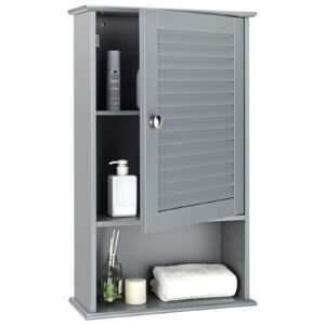 tangkula medicine cabinet, wall mounted bathroom cabinet single door wooden bathroom wall cabinet with adjustable shelf (grey)