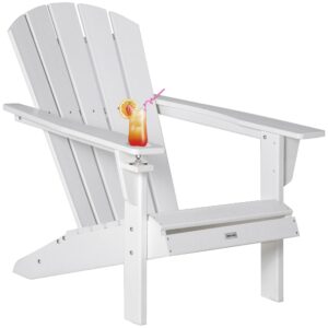 outsunny adirondack chair with cup holder, all weather patio chair hdpe lounger, fire pit seating high back and wide seat for outdoor, backyard, garden, deck, lawn, white