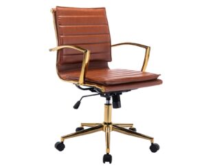 ealson modern leather office chair comfortable home office desk chair with wheels and arms gold base conference chair ergonomic computer task chair adjustable swivel chair, brown