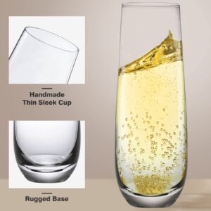 Yaschmo Stemless Champagne Flutes Set of 4，Hand Blown Crystal Glasses, 10.2oz Champagne Glasses, Prosecco Wine Flute, Cocktail Glasses, Mimosa glasses, Highball Glass, Water Glasses, Bar Glassware