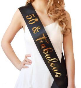 docooniver 50th birthday sash for women and men,50&fabulous sash black with gold foil lettering.