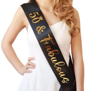 Docooniver 50th Birthday Sash for Women and Men,50&Fabulous Sash Black with Gold Foil Lettering.