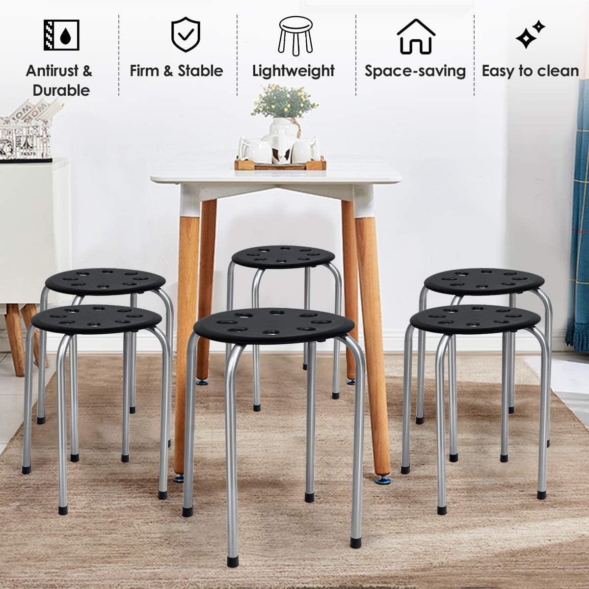 Hysache Plastic Stackable Stools Set of 6, 17.5inch Multipurpose Stool Chairs w/Metal Frame, X-Shape Connection, Non-Slip Feet, Backless Nesting Stool for Garden, Living Room, Home (Gray) HW64245