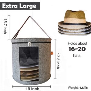 Aeeteek Hat Storage Box 19" D x 17" H Portable Felt Organizer Bucket Foldable Large Capacity Bag Round Travel Hat Container with Dust Proof Lid, Stuffed Animal Toys and Clothes Storage Bin (Grey)