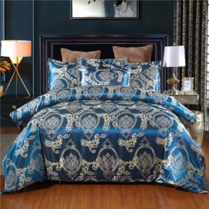 chliearime heicatte duvet cover set satin silk blanket all season bed duvet cover set royal blue bedspread luxury jacquard quilt bedding sets matching 2 pillow shams king(102x90 inches)