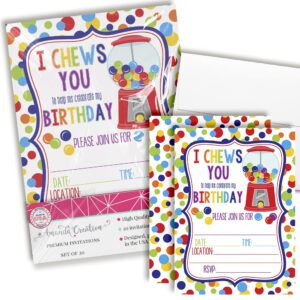 cute rainbow colored bubble gum themed birthday party invitations for kids, 20 5x7 fill in cards with twenty white envelopes by amandacreation…