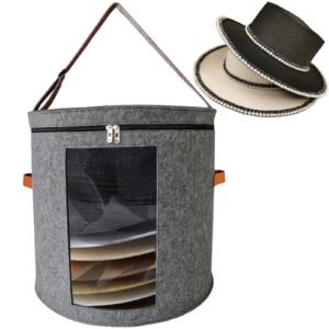 aeeteek hat storage box 19" d x 17" h portable felt organizer bucket foldable large capacity bag round travel hat container with dust proof lid, stuffed animal toys and clothes storage bin (grey)