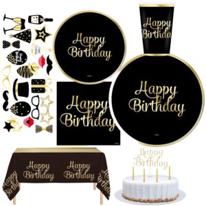 30 guest black and gold happy birthday gold foil include complete party pack 9" dinner paper plates 7" dessert paper plates 12 oz cups 3 ply napkins party supplies