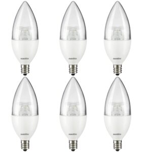 sunlite 41637 led b11 clear torpedo tip chandelier light bulb, 4.5 watts (40w equivalent) 300 lumens, candelabra e12 base, dimmable energy star and etl certified, 3000k warm white, 6 count