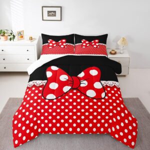 homewish bowknot comforter set twin size,white dots bedding set 2pcs for kids teens girls boys room decor,romantic princess style quilt set red and black duvet insert with 1 pillowcase