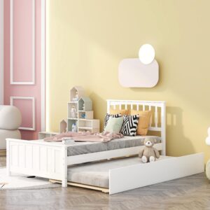 meritline kids twin bed with trundle, platform bed trundle twin bed with headboard and footboard for girls boys, no need box spring, white