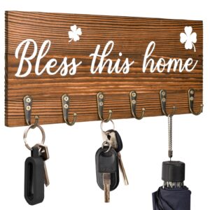 ahys key holder wall mount rustic bless this home wall decor key holder for wall key hanger key rack with 6 key hooks wall key holder for entryway living room bedroom - brown