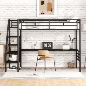 harper & bright designs metal twin loft bed with desk, twin size loft bed with stairs and workstation desk for kids teens, space saving metal loft bed frame,no box spring needed, black