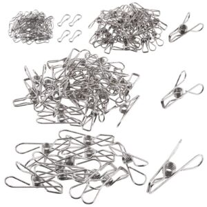 swpeet 145pcs 1.7inch 2.4inch 3.2inch stainless steel clothes pins with metal spring hooks kit, multi-purpose wire clip windproof clothespin metal clips holders for clothes