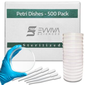 evviva sciences petri dish 500 pack – 500 petri dishes – 100 x 15mm – premium performance – 3 vents to reduce condensation – for lab research, education, & more - w/5 evviva transfer pipettes