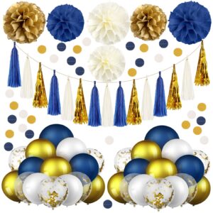 74 pieces navy blue gold party decoration for graduation includes tissue paper pom pom flower gold and navy balloon circle banner tassel garland birthday bridal shower wedding party