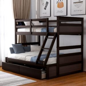 harper & bright designs solid wood bunk bed with storage drawers, twin over full bunk bed with ladder and safety guard rail for boys, girls, teens and adults (espresso)