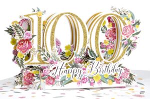 100th birthday pop-up card, elegant floral design with glittering gold accents, stunning 3d pop-up greeting card for milestone celebrations